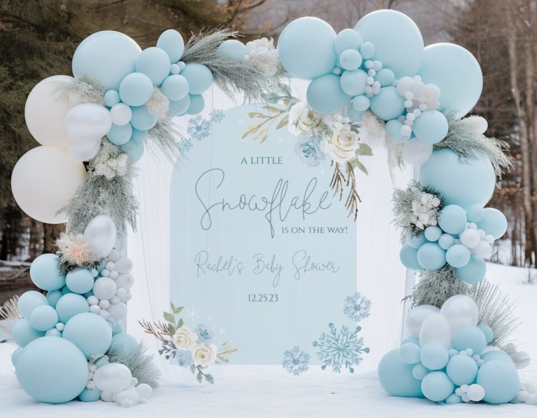 Snowflake Baby Shower Backdrop, Blue Winter Wonderland Floral Backdrop ...