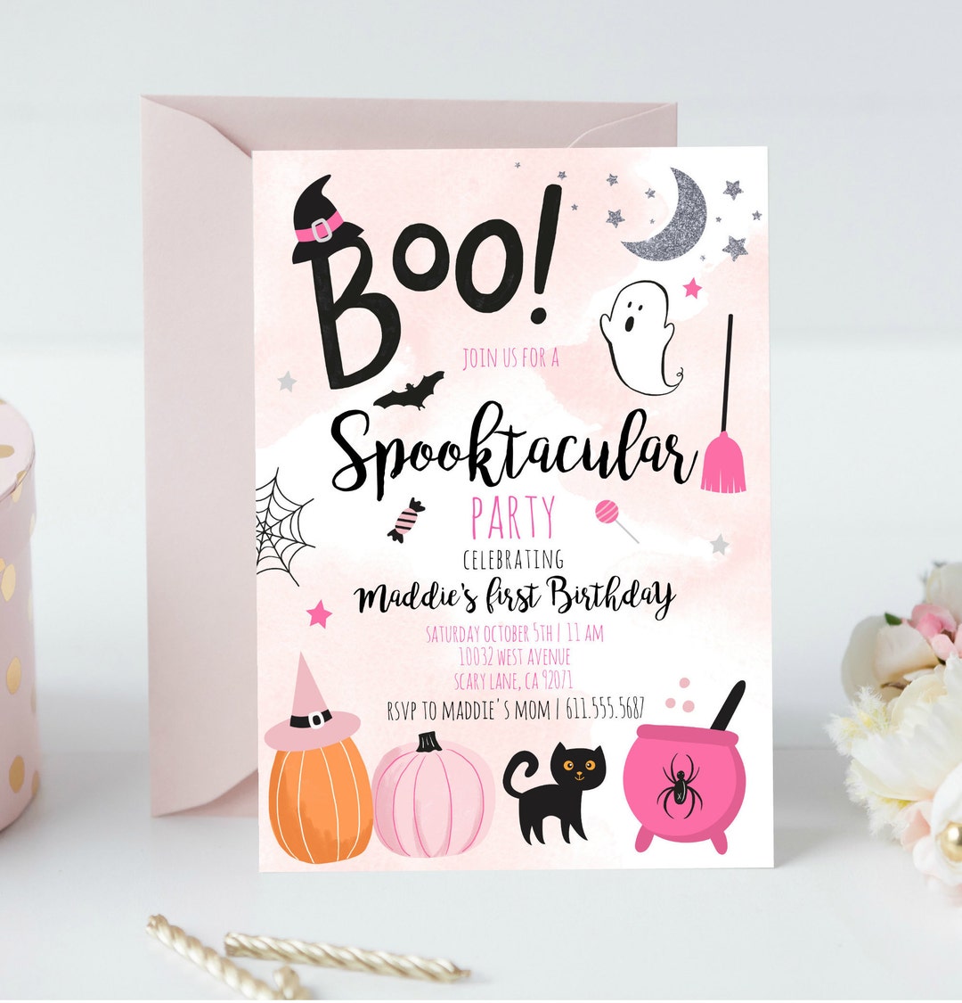 Halloween Pink Ghost Birthday Invitation. Cute Spooky Witch - Etsy