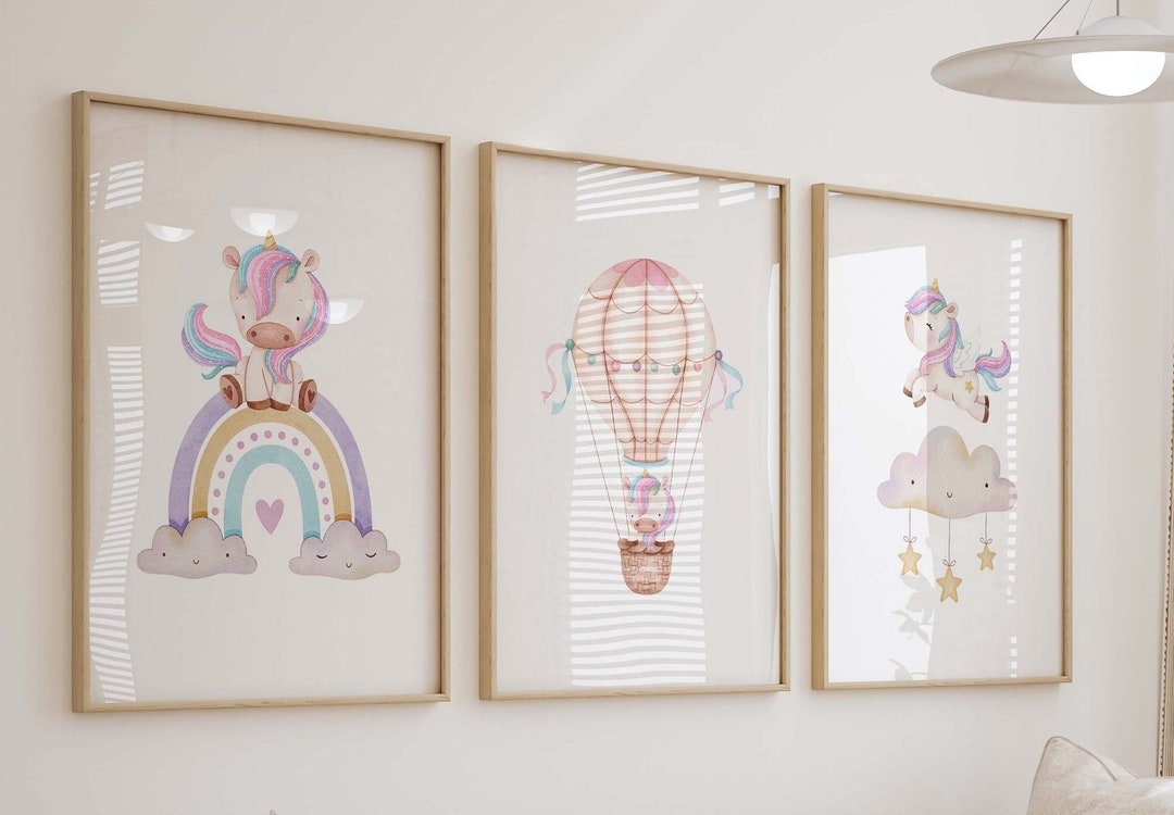 Rainbow Unicorn Nursery Prints, Purple Nursery Wall Art, Baby Girl Cute ...