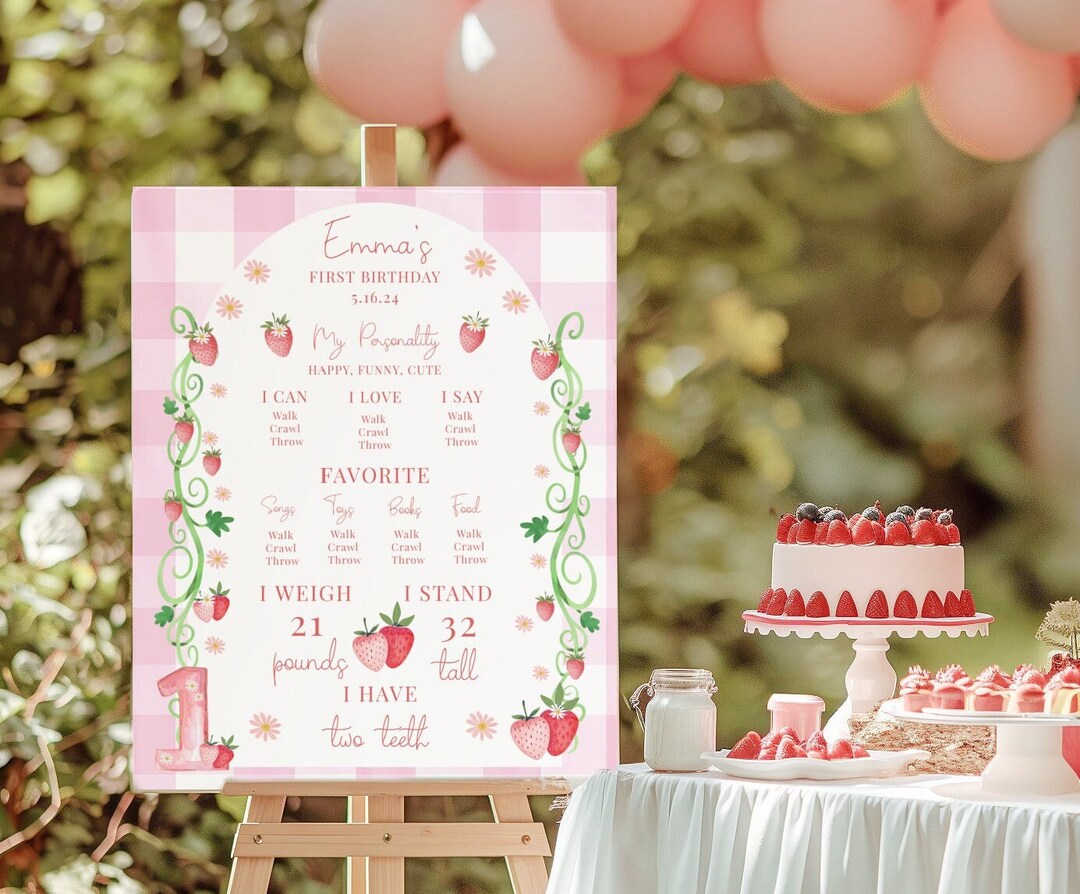 Berry First Birthday Milestone Sign Pink, Strawberry 1st Birthday Party ...