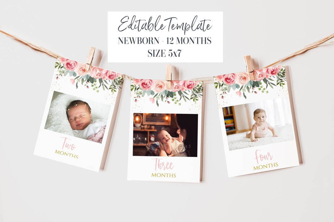 Editable Blush Floral Photo Banner- First Birthday| Modern 12 Month ...