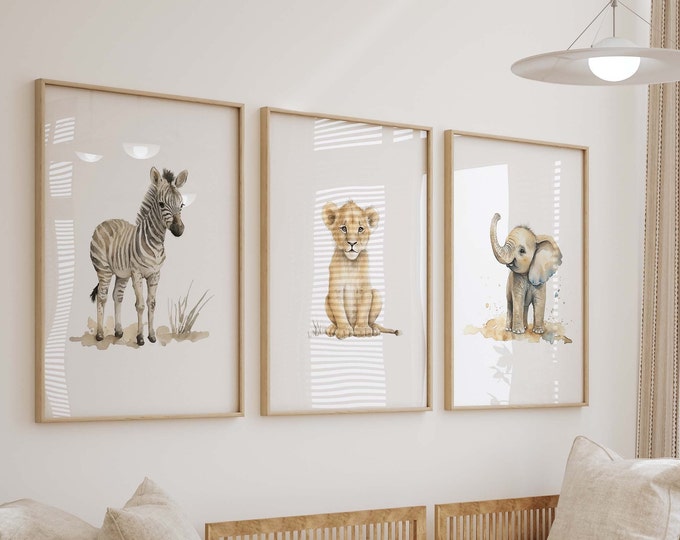 Safari Jungle Animal Watercolor Prints, Set of 3 Nursery Wall Art, Boy ...