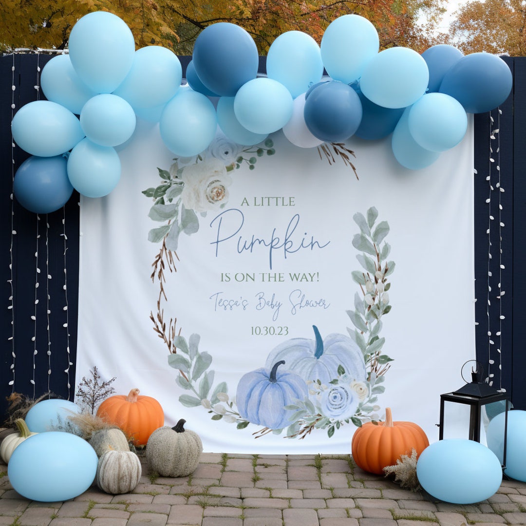 Dusty Blue Pumpkin Baby Shower Backdrop Boy, Floral Pumpkin Backdrop ...