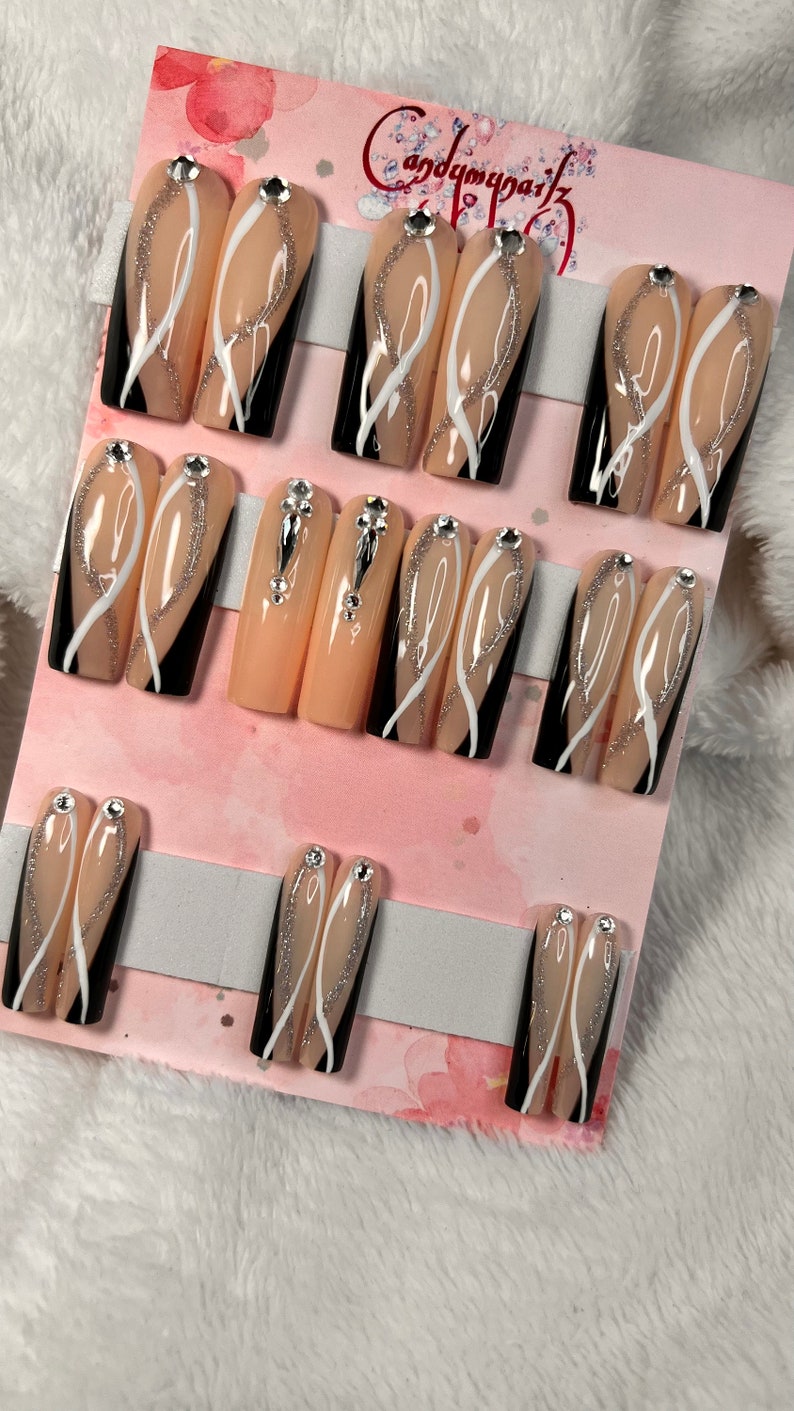 French Black and White Press on Nails XL Square Glue on - Etsy