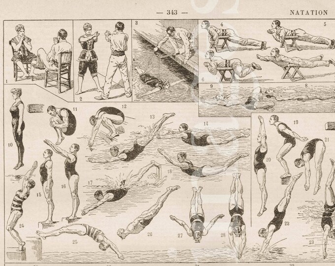 1933 Antique Swimming Print. Diving. Plunging. Acrobatics. Vintage ...