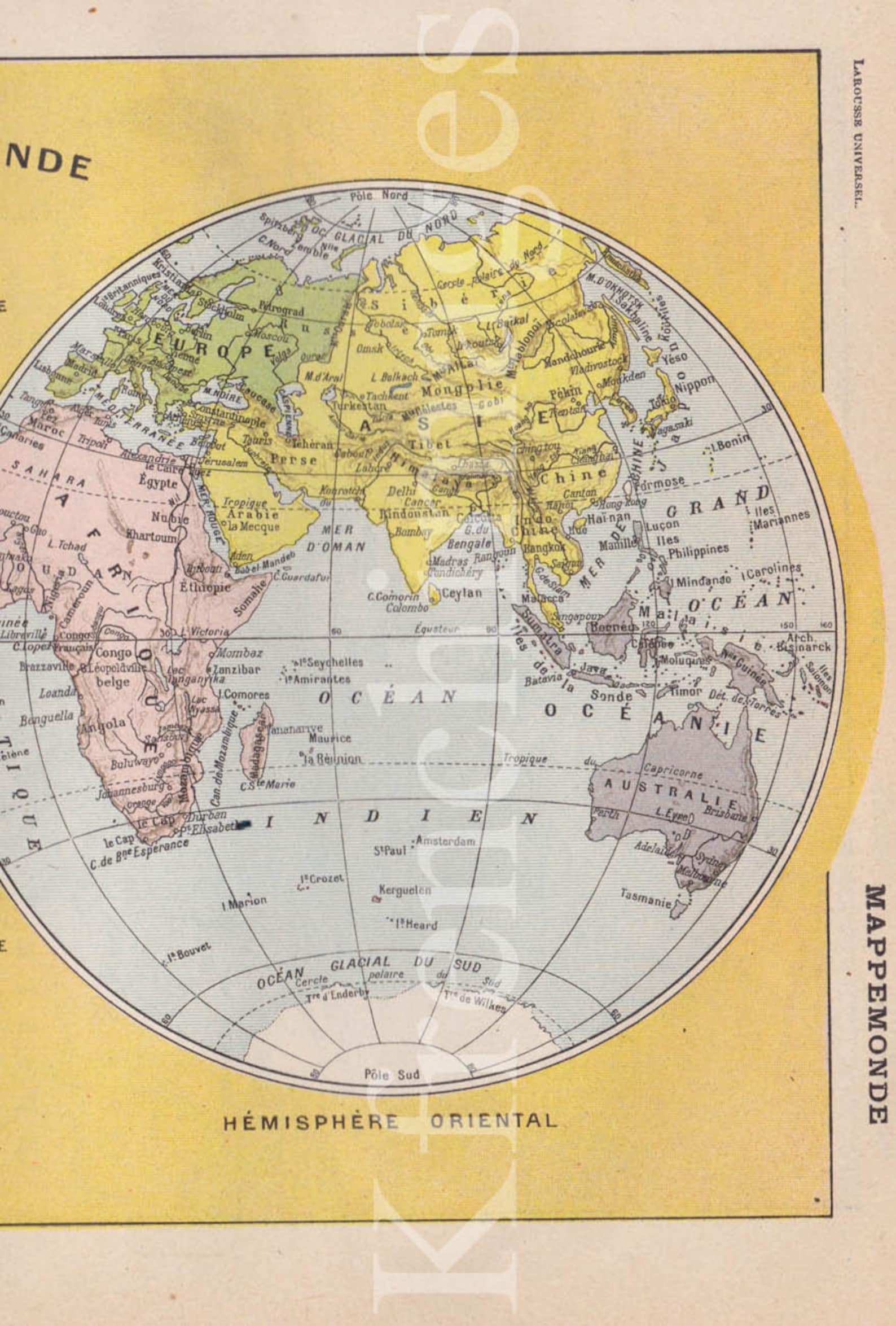 French Vintage Planisphere World Map Original Color Print History ...
