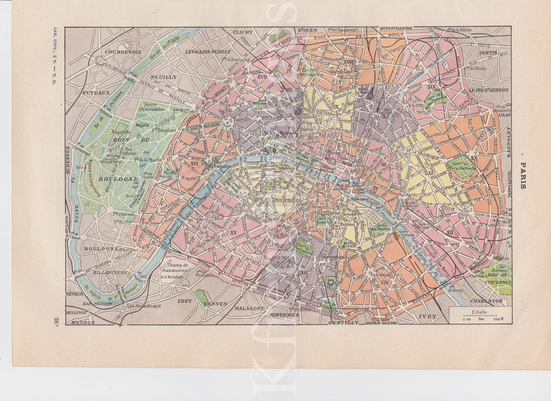 Paris Map French Vintage Original Color Print 1920's to Frame Wall Art ...
