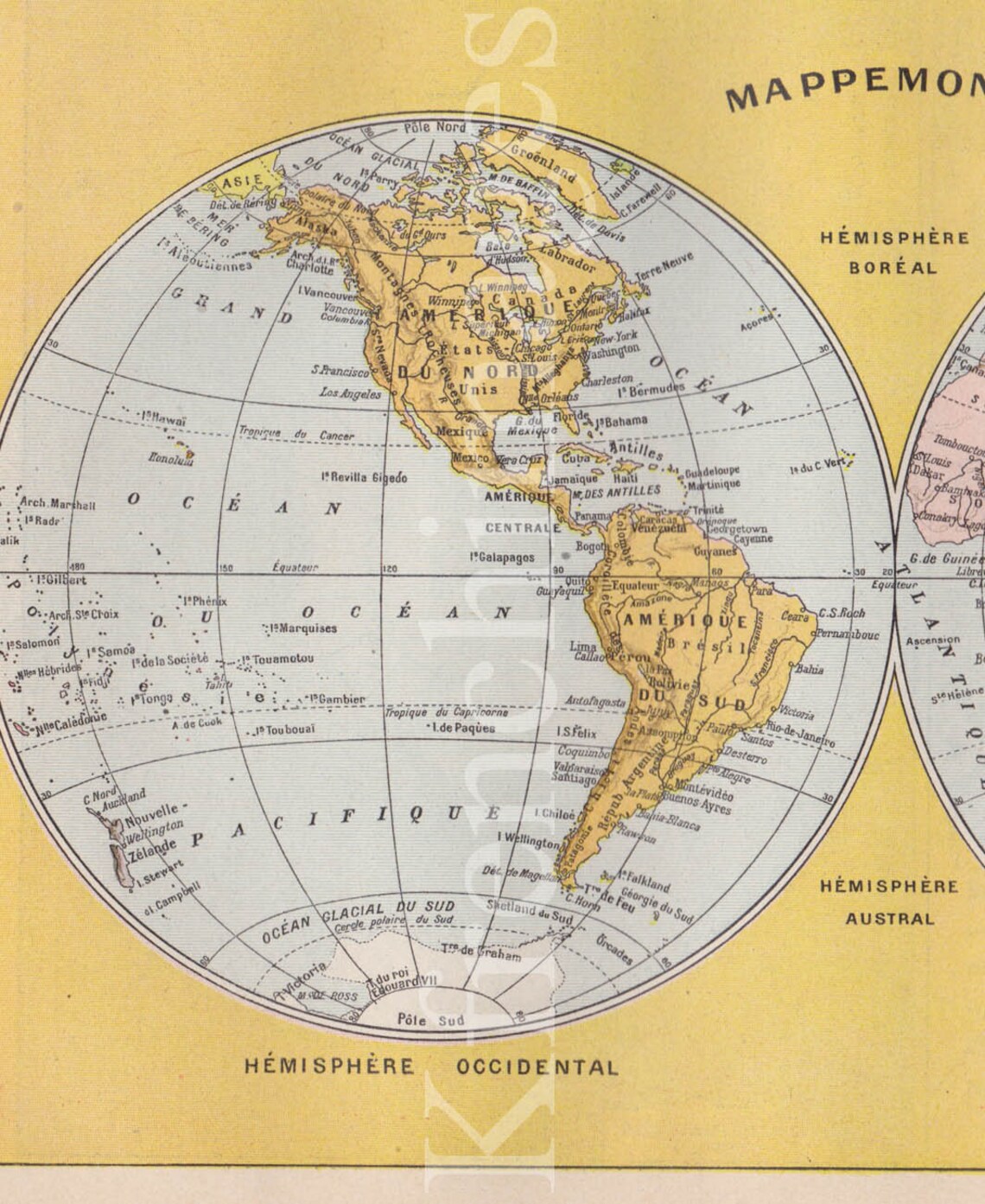 French Vintage Planisphere World Map Original Color Print - Etsy