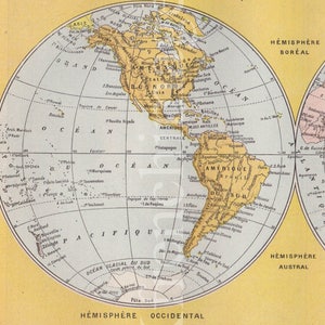 French Vintage Planisphere World Map Original Color Print History ...