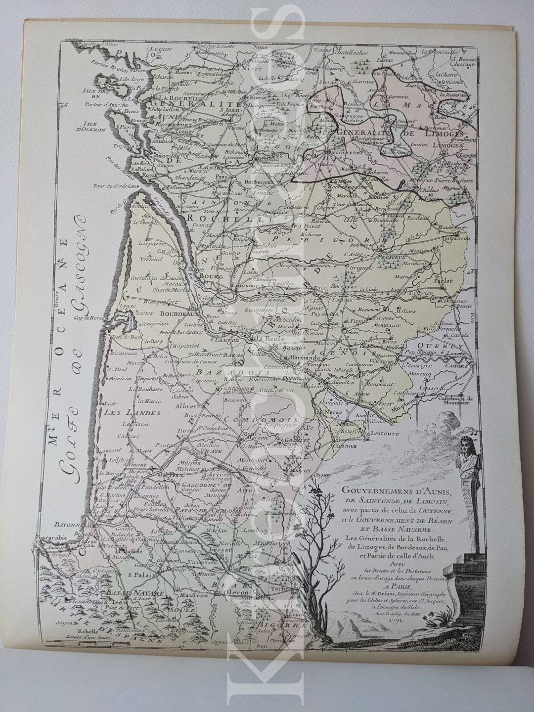 1771 Map of Aunis, Saintonge, Limousin, Bearn, Navarre, Bordeaux ...