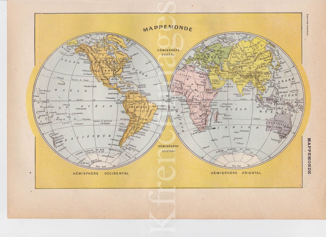 French Vintage Planisphere World Map Original Color Print History ...