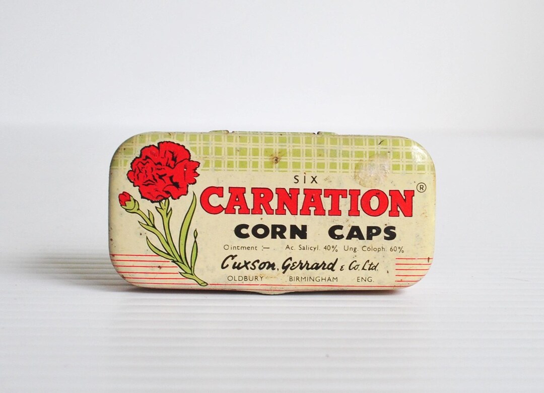 1940s-1950s CARNATION Corn Caps Tin & Contents | Advertising | Medical ...