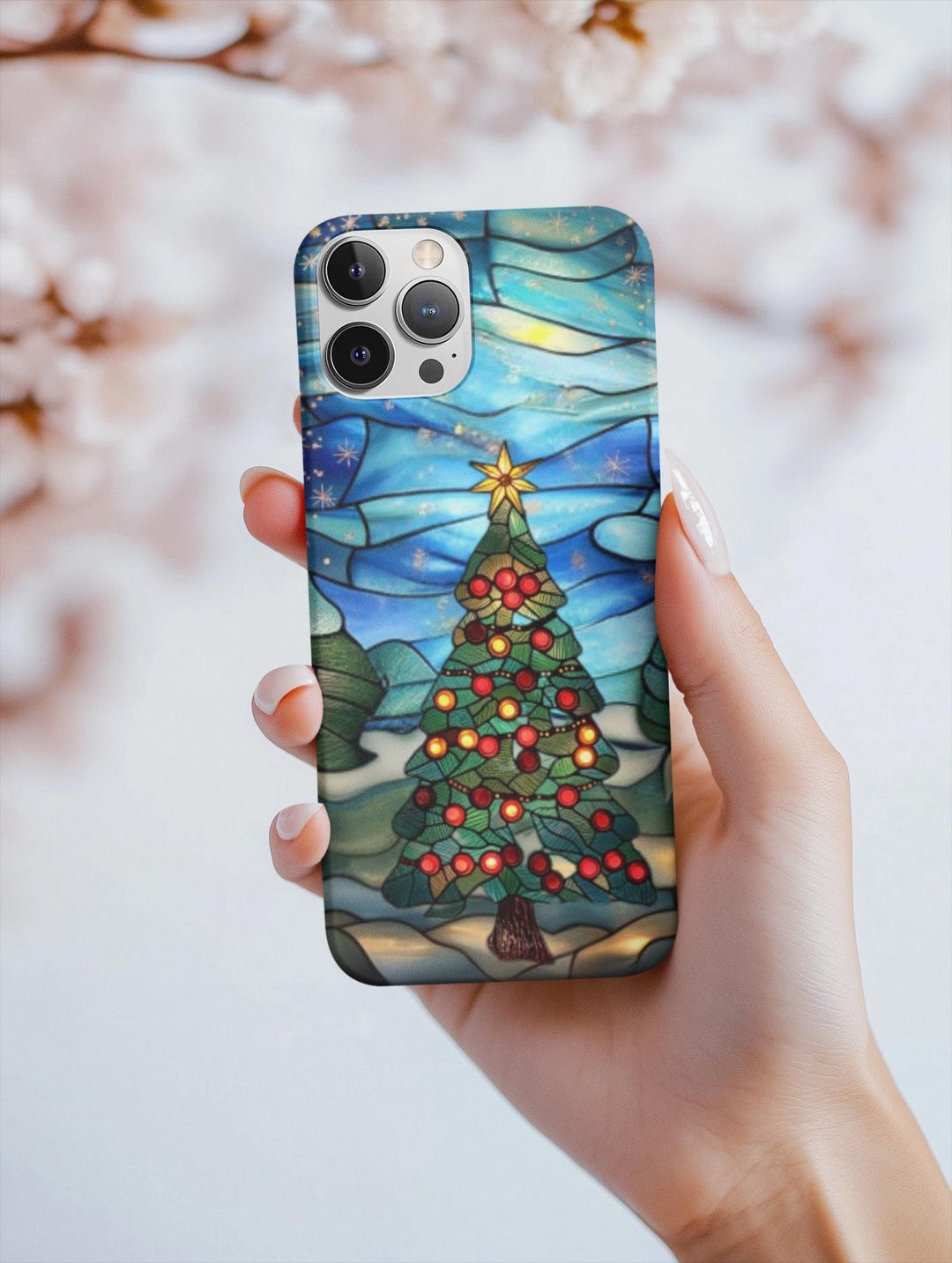 Faux Stained Glass Christmas Tree Phone Case Winter Forest Holiday ...