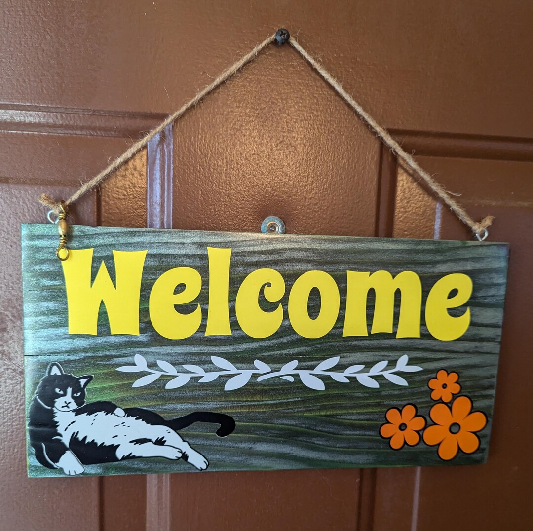 Reversible Funny Cat Door Sign – Welcome/go Away Wooden Hanging Sign ...