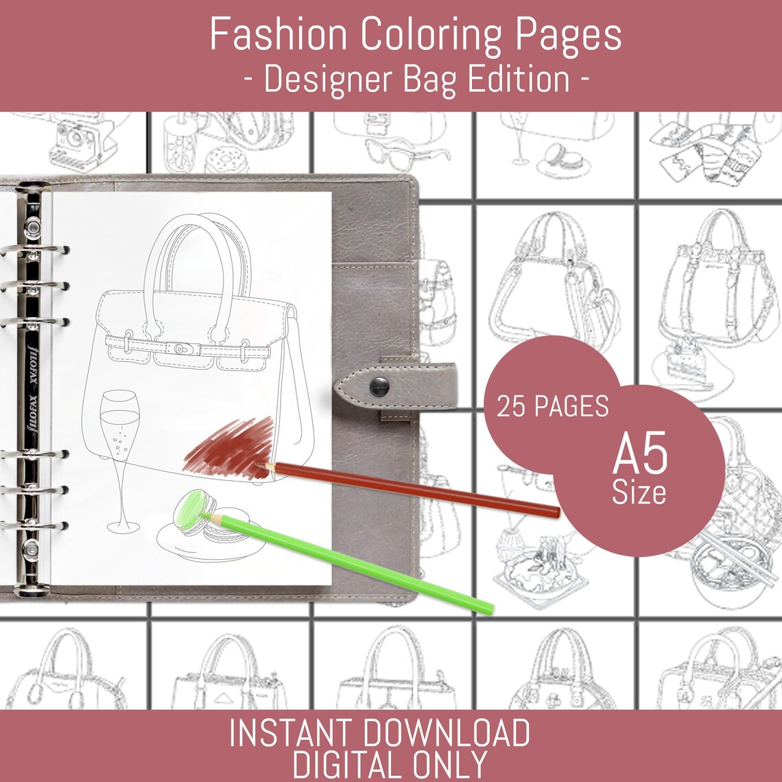 A5 Size - Printable Coloring Pages for Adults - Fashion Luxury Bag ...