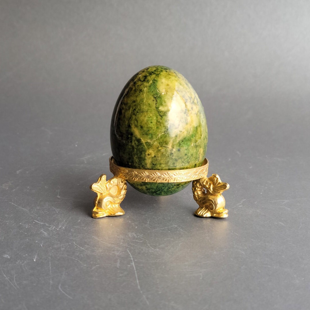 Genuine Alabaster Egg With Ornate Stand Vintage Gold Tone Tripod ...