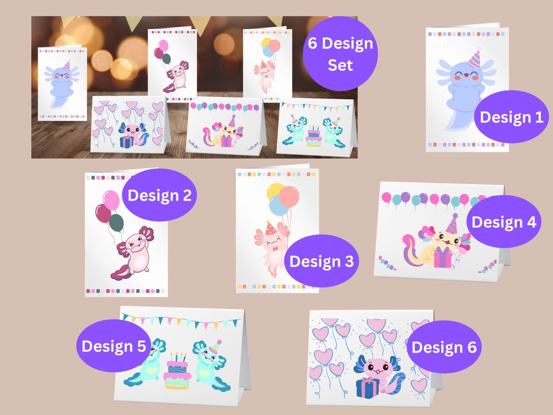 Axolotl Cards Birthday Cards Axolotl Card Set Cute Axolotl Adorable ...