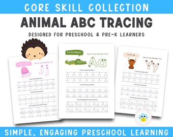Animal ABC Tracing Worksheets: Preschool Kindergarten Handwriting ...