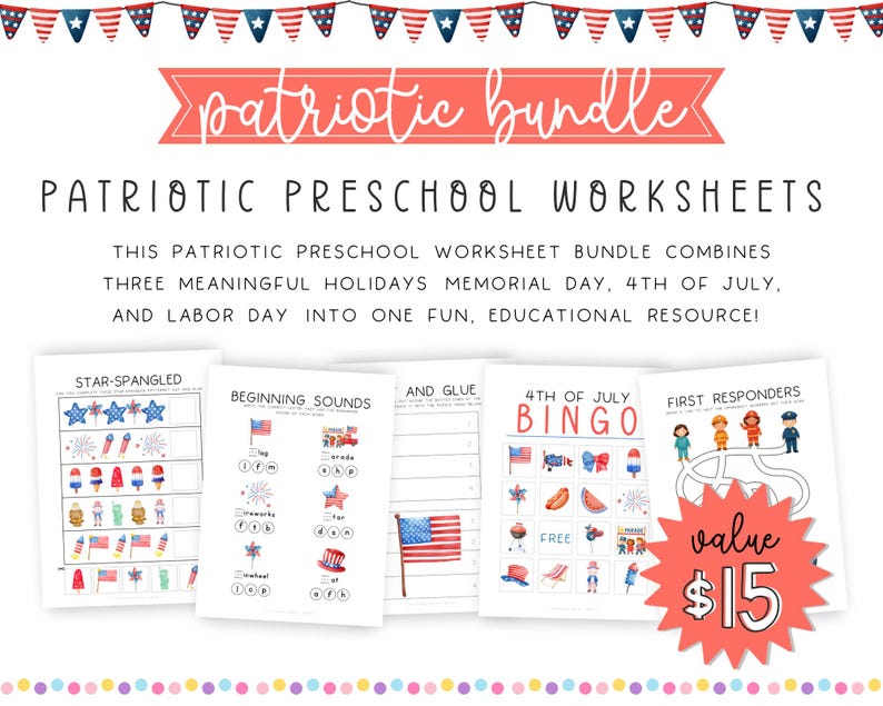 Patriotic Preschool Worksheet Bundle | Memorial Day, 4th of July, Labor ...