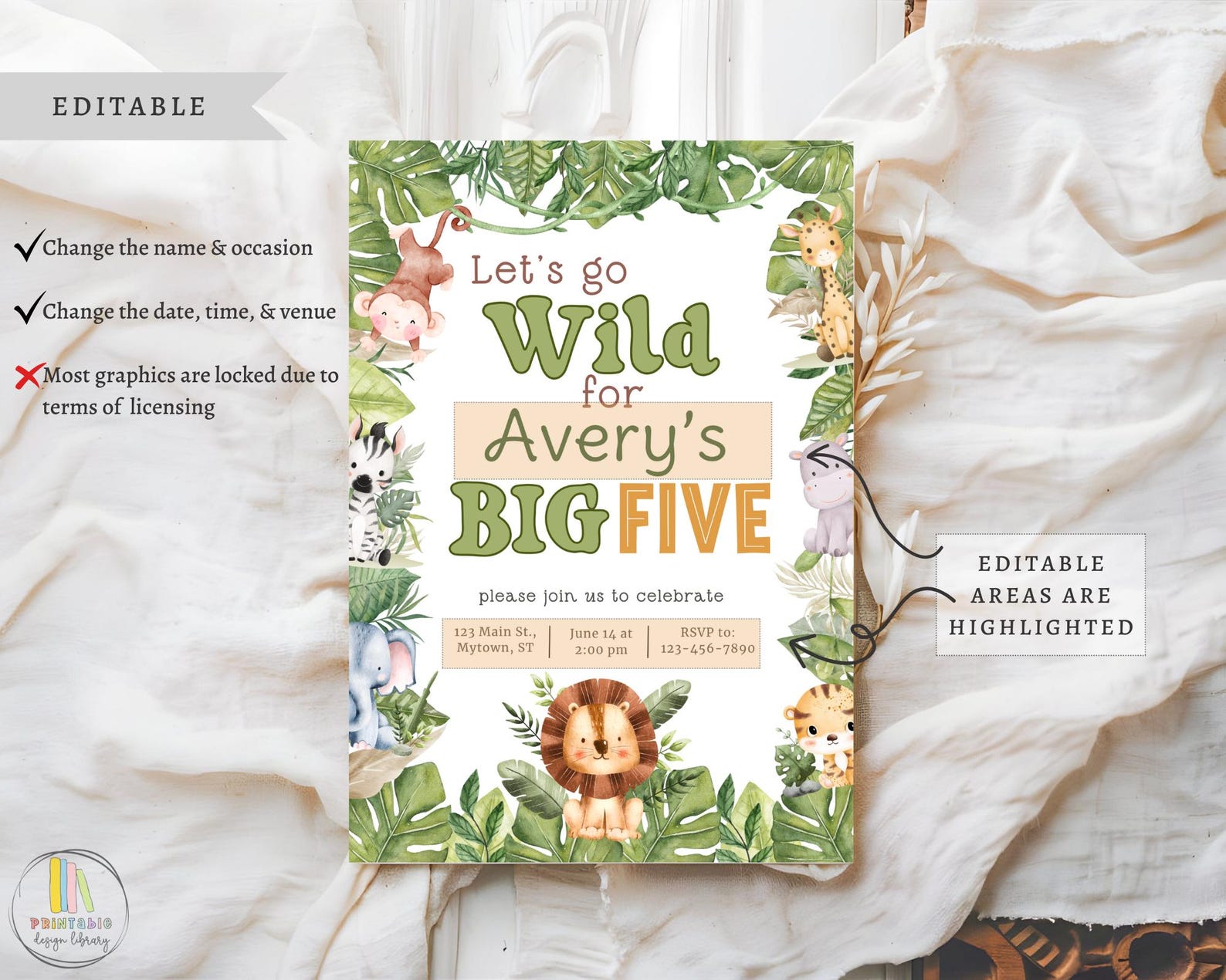 Let's Go Wild for Big Five Birthday Invitation 5th Birthday Party ...