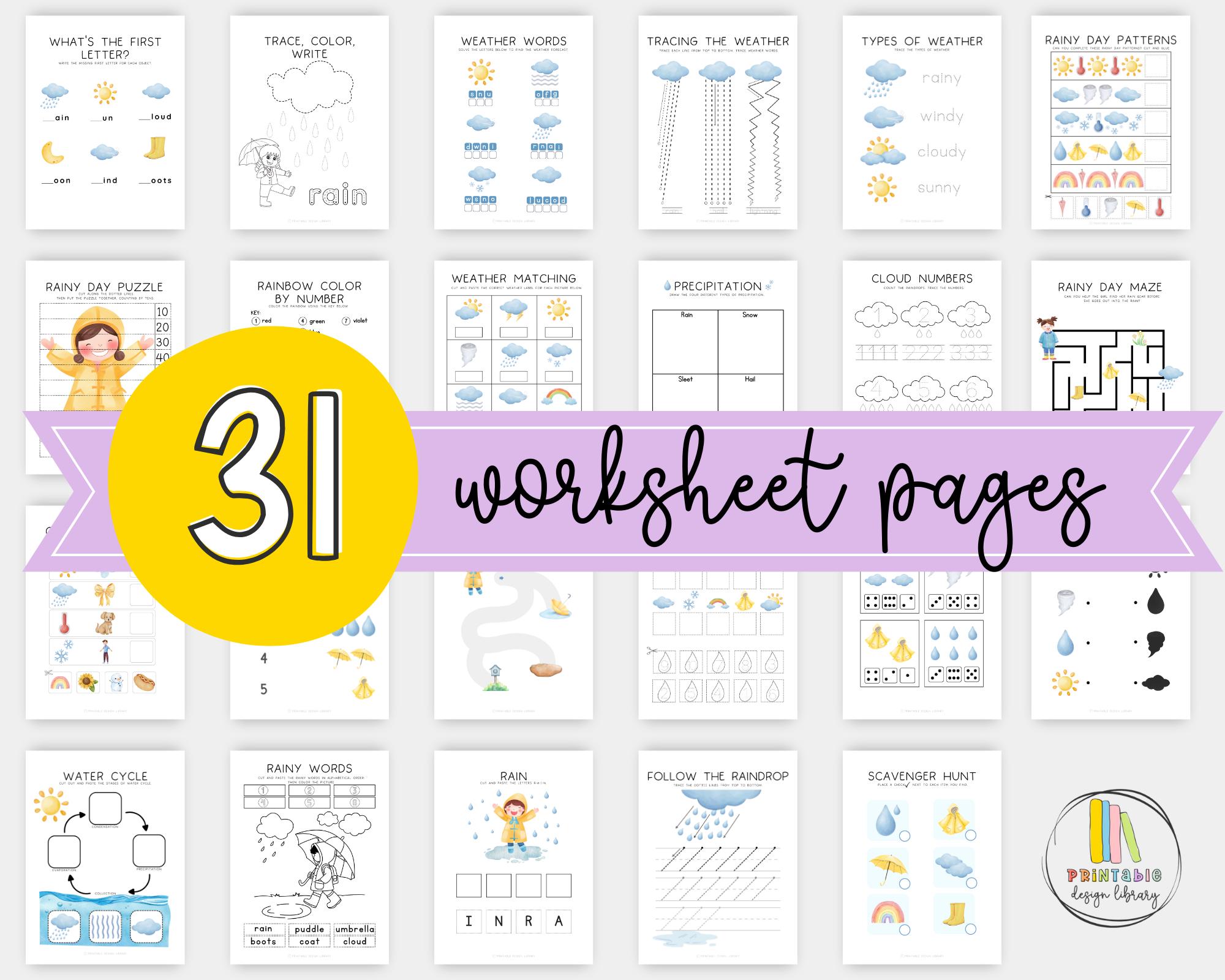 Rainy Day Preschool Worksheet Packet | Cute Weather Printables for ...