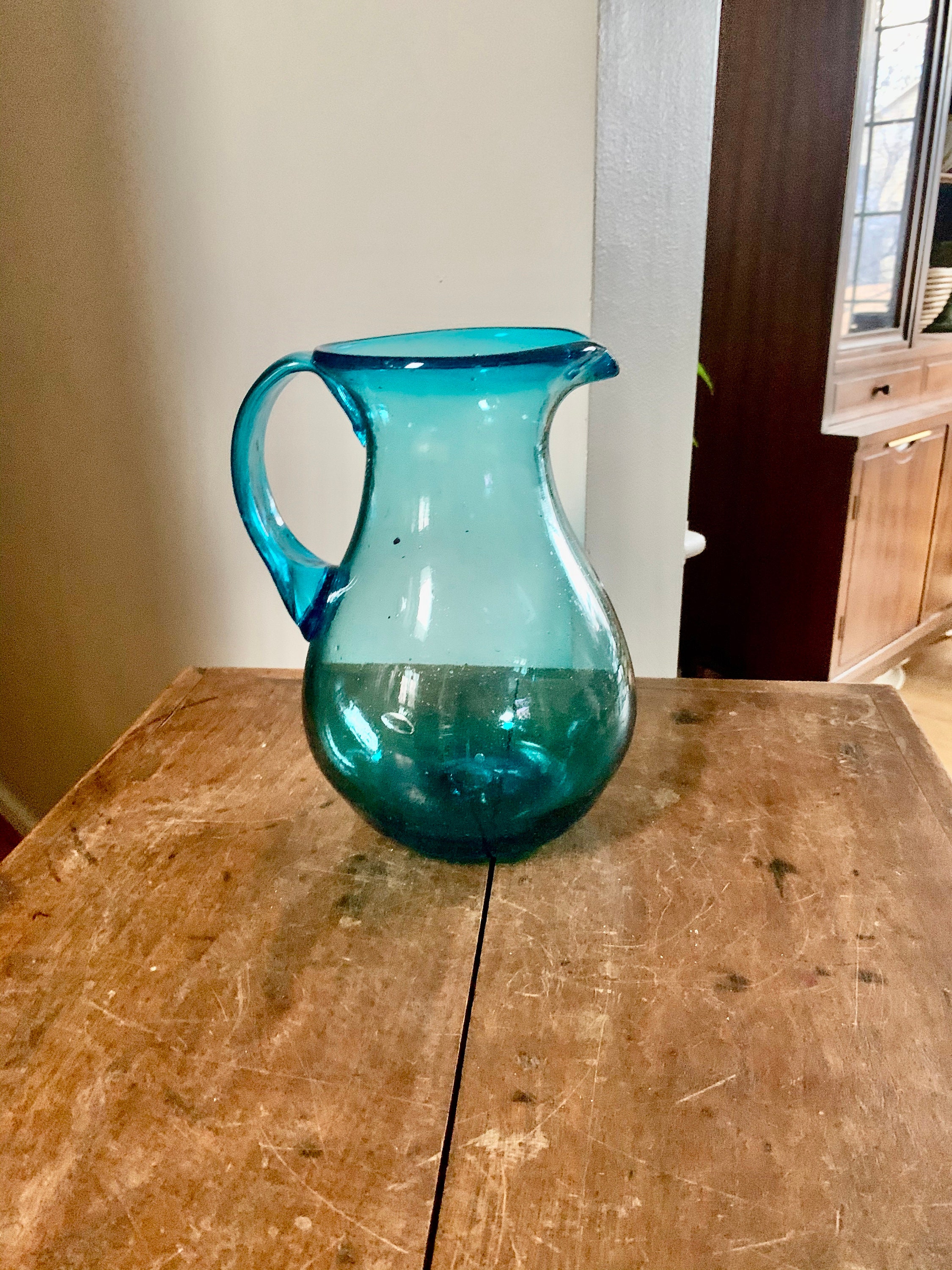 Large Blenko Style Blue Pitcher Thick Color Glass Pitcher | Etsy