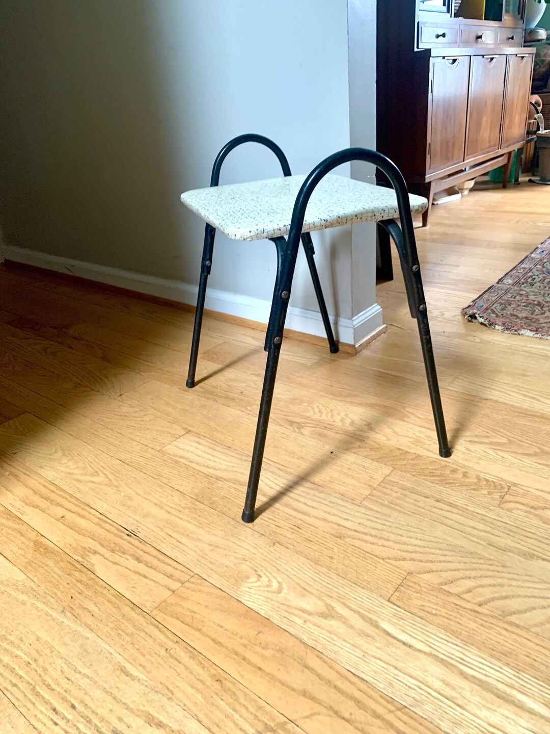 Vintage MCM Vinyl Stool | MCM Foot Stool | Rustic Black Metal Stool ...