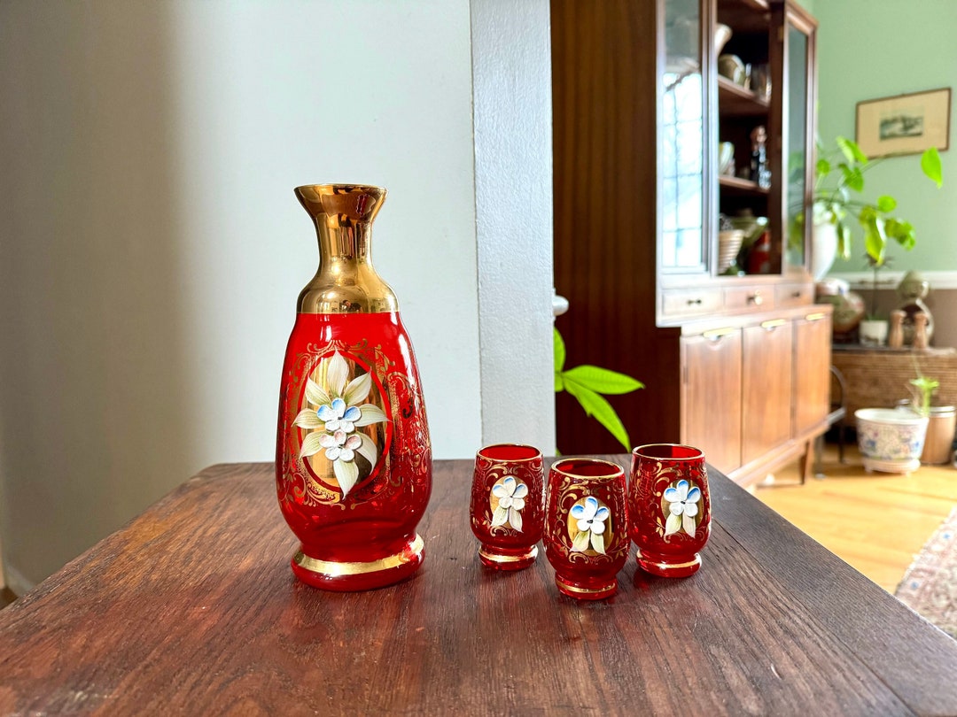 Vintage Murano Ruby Red Glass Liquor Decanter Set | Hand Painted Floral ...