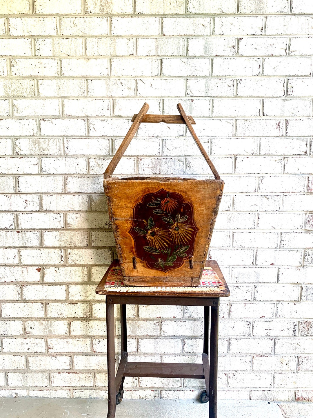 Antique Chinese Wood Gathering Basket | Asian Hand Painted Wood Basket ...