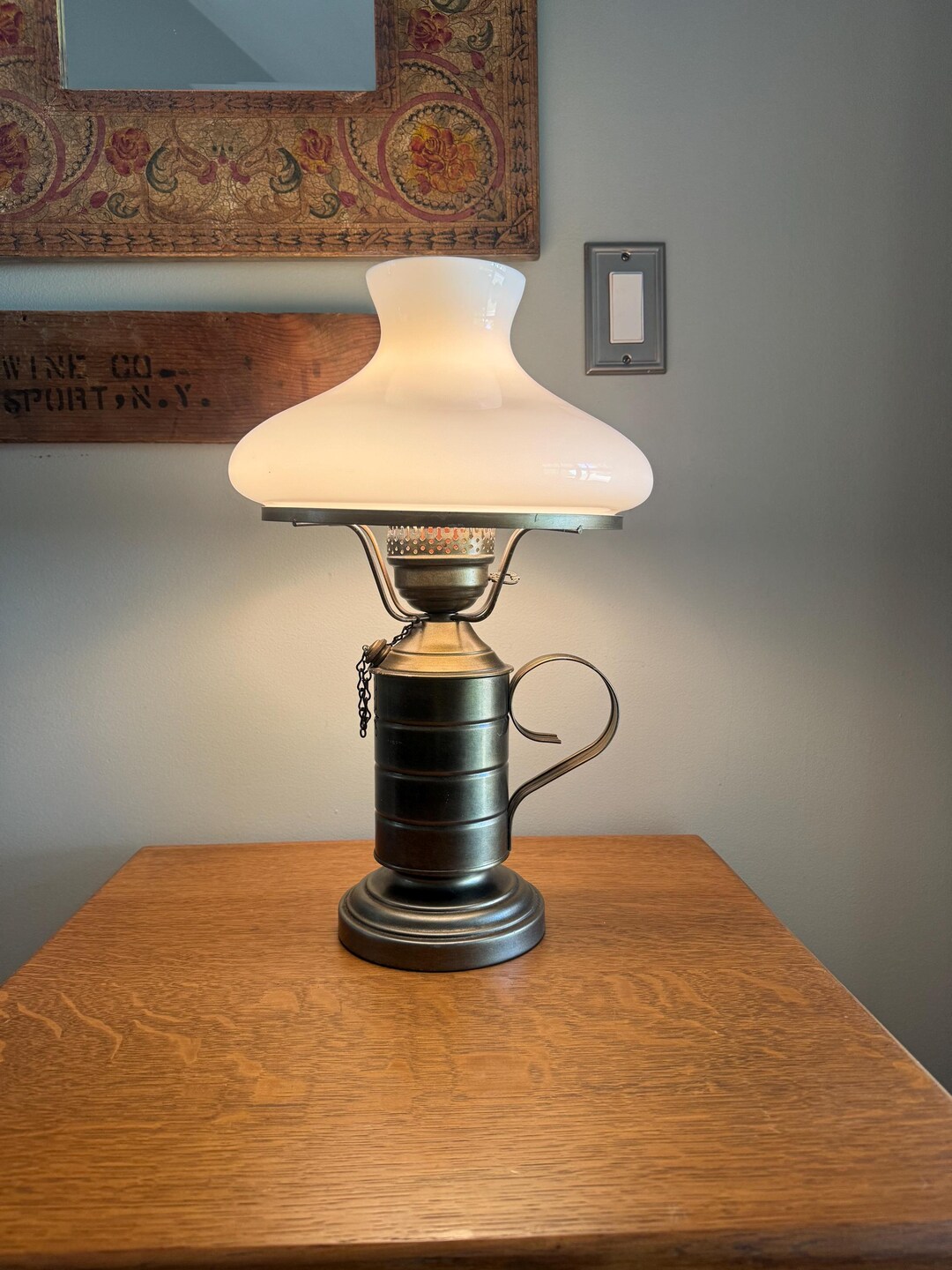 Vintage Reproduction Oil Lamp Style Lamp | Milk Glass Shade Lamp ...