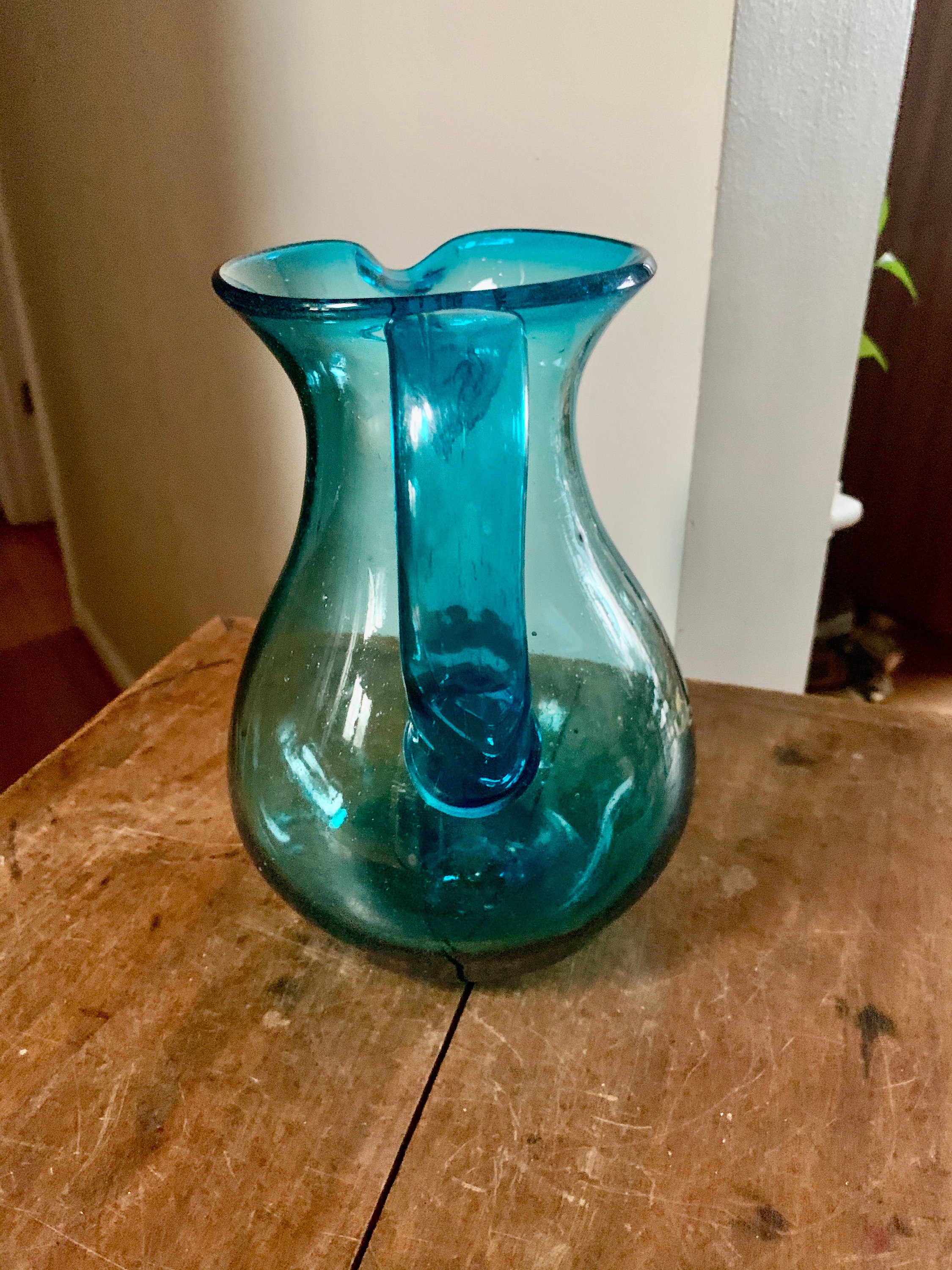 Large Blenko Style Blue Pitcher Thick Color Glass Pitcher | Etsy