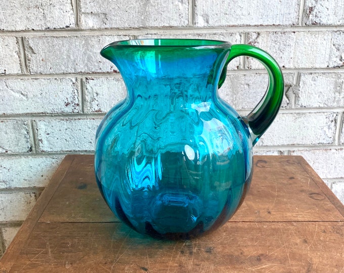 Large Blenko Style Blue and Green Pitcher | Thick Color Mexican Glass ...