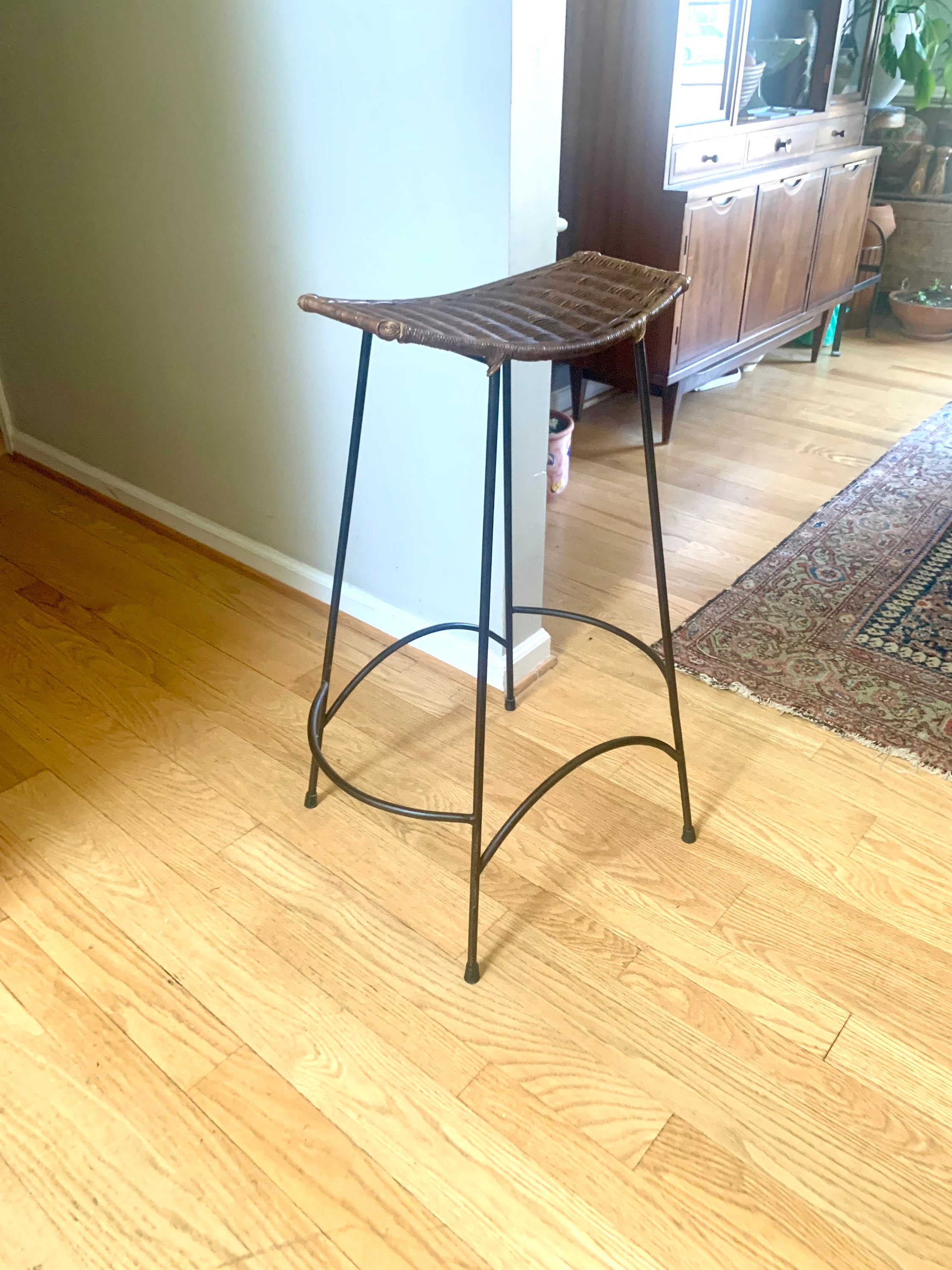 Vintage MCM Arthur Umanoff Bar Stool Metal and Rattan MCM - Etsy