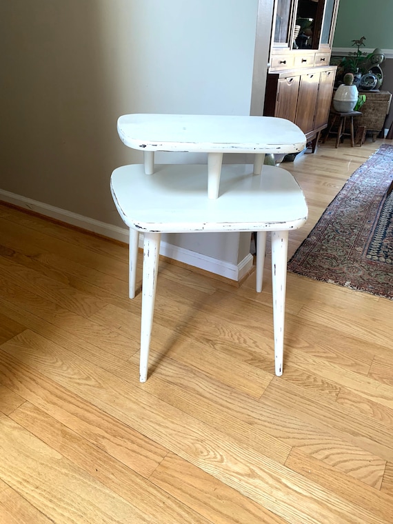 Mid Century Two Tier End Table MCM White Night Stand Distressed White MCM Table 2 Available Etsy