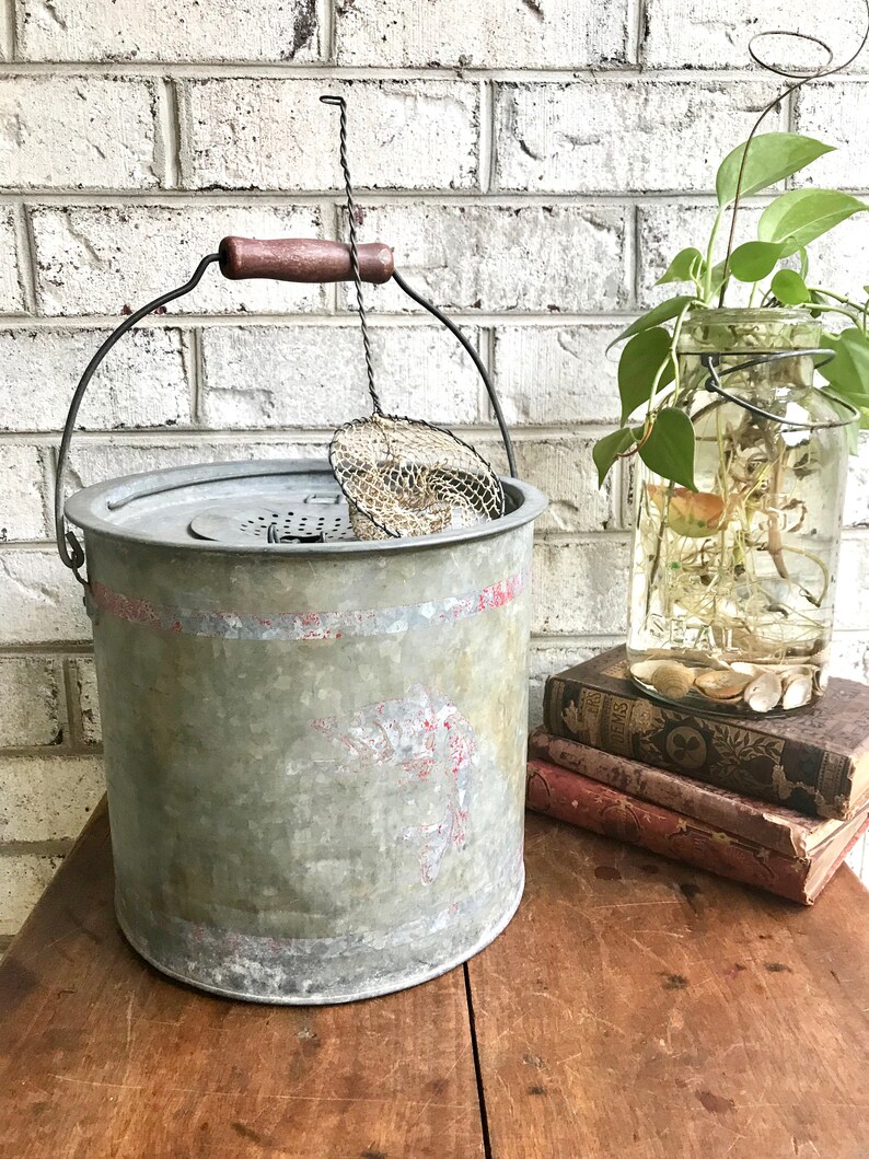 Rustic Minnow Bucket Metal Bait Bucket With Net Two Piece | Etsy