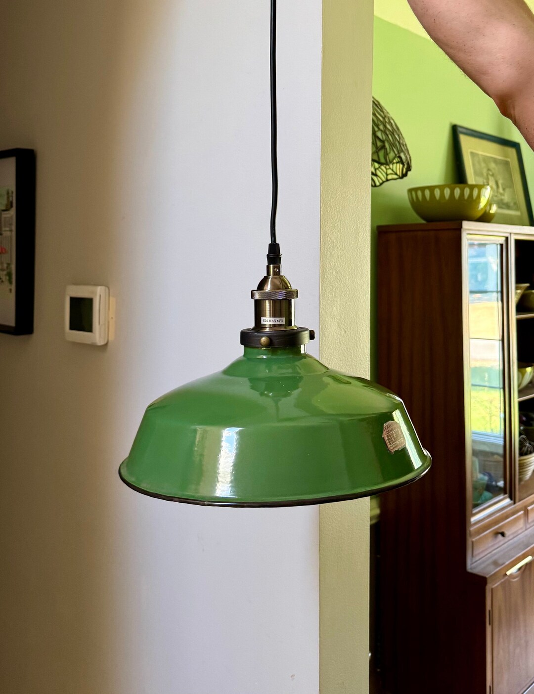 Vintage Green Enamel Metal Shade Pendant Lamp | 12" Green Ivanhoe Dome ...