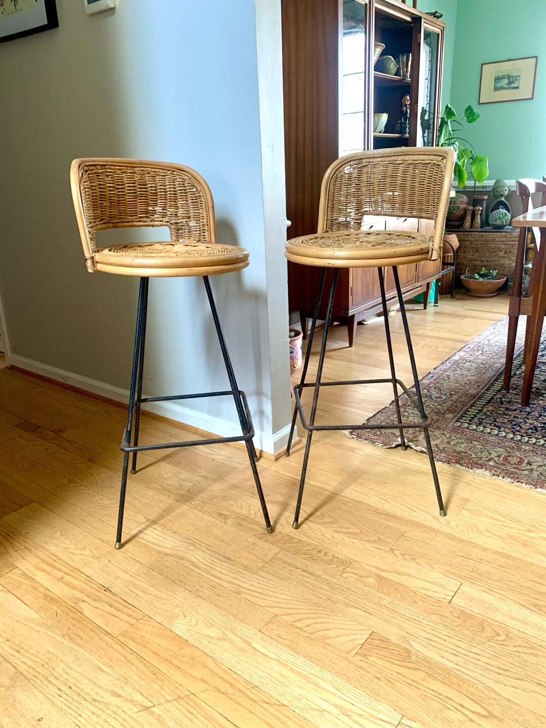 Pair of Mid Century Rattan Bar Stools Danish Modern Bohemian Swivel Bar ...