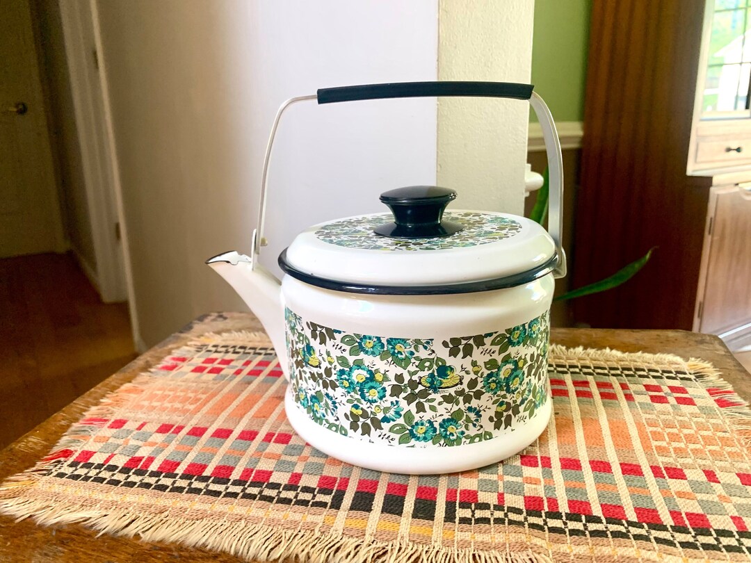 Vintage Floral Enamel Tea Kettle MCM Enamelware Kettle Aluminum Enamel ...