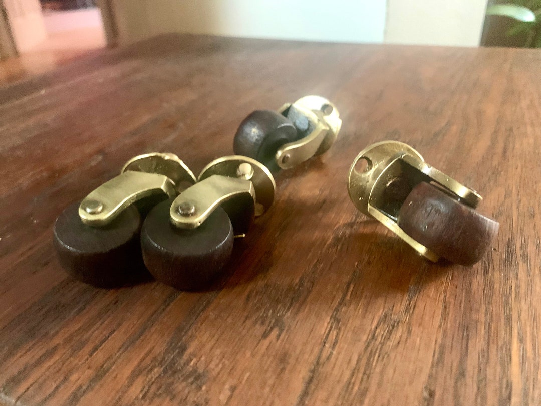 Salvaged Set of 4 Wood Casters English Brass Wooden Wheel Casters ...