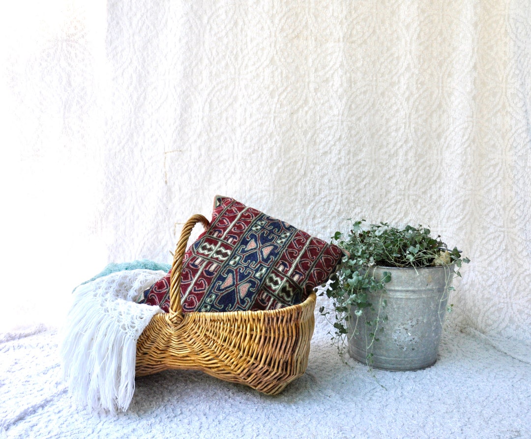 Vintage Wicker Basket With Handle | Rustic Wicker Storage | 80's ...