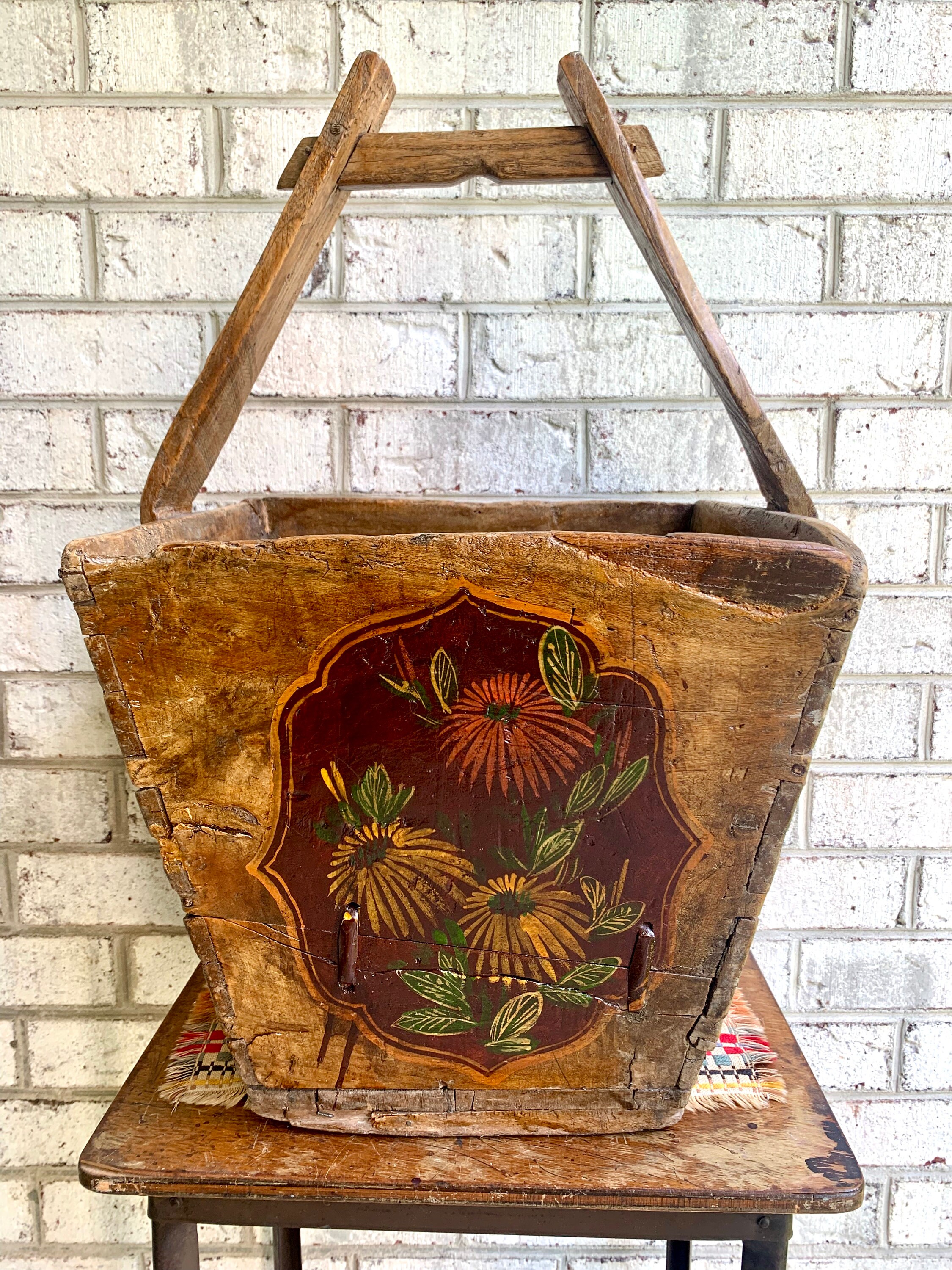 Antique Chinese Wood Gathering Basket Asian Hand Painted - Etsy