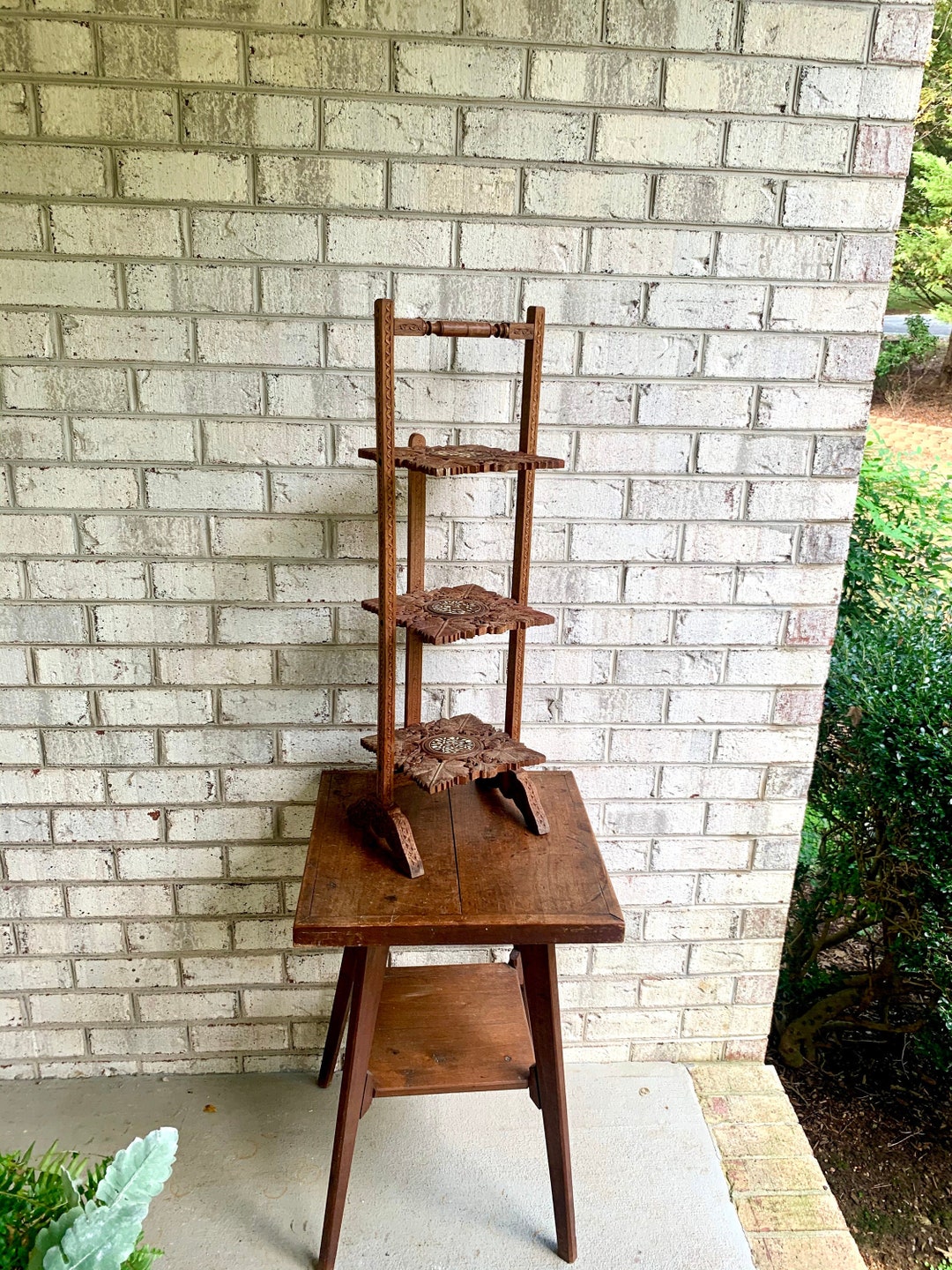 Vintage Carved Wood Three Tier Folding Cake/pie Stand | Carved Wood ...