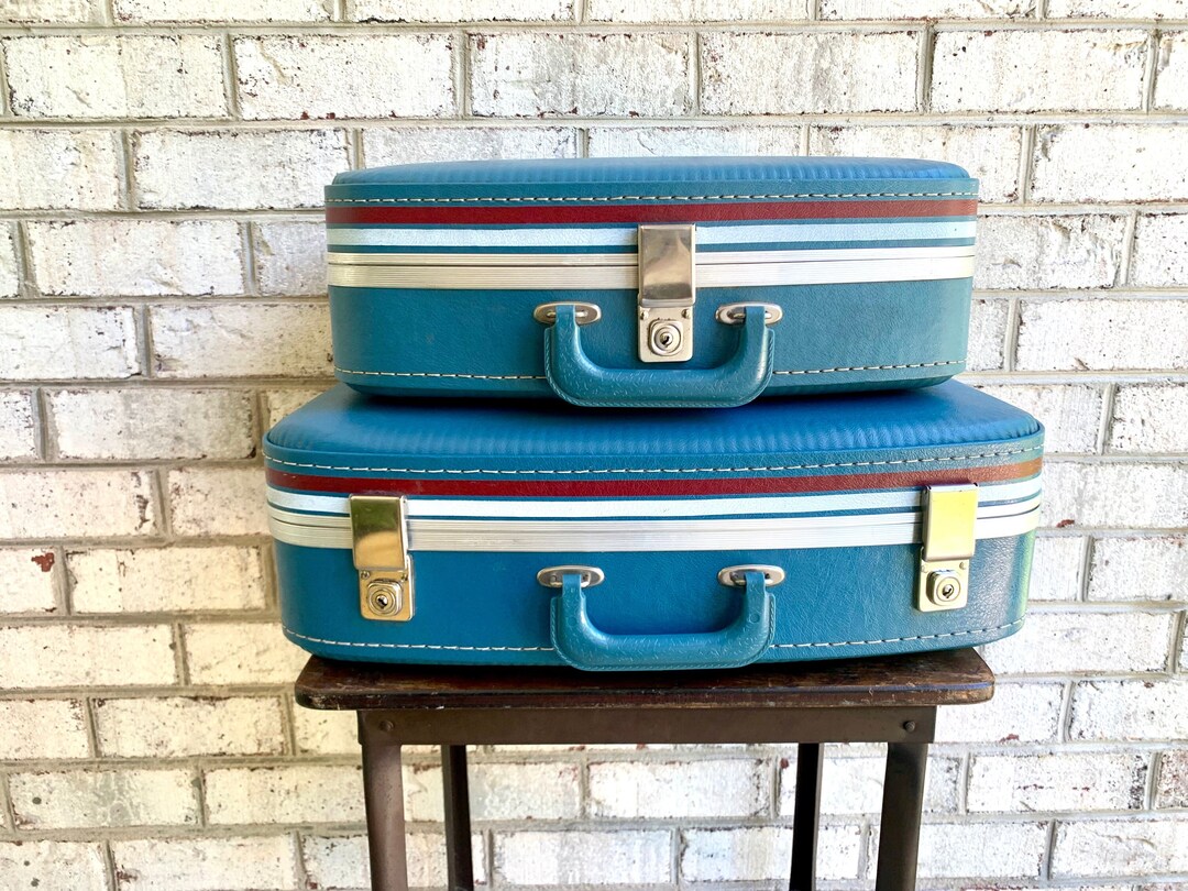 Vintage Pair of Small Blue Vinyl Suitcases | Blue Vinyl Overnight Bags ...