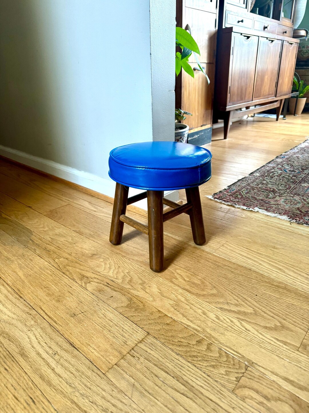 Mid Century Small Blue Vinyl Foorstool | Retro Faux Leather Foot Stool ...