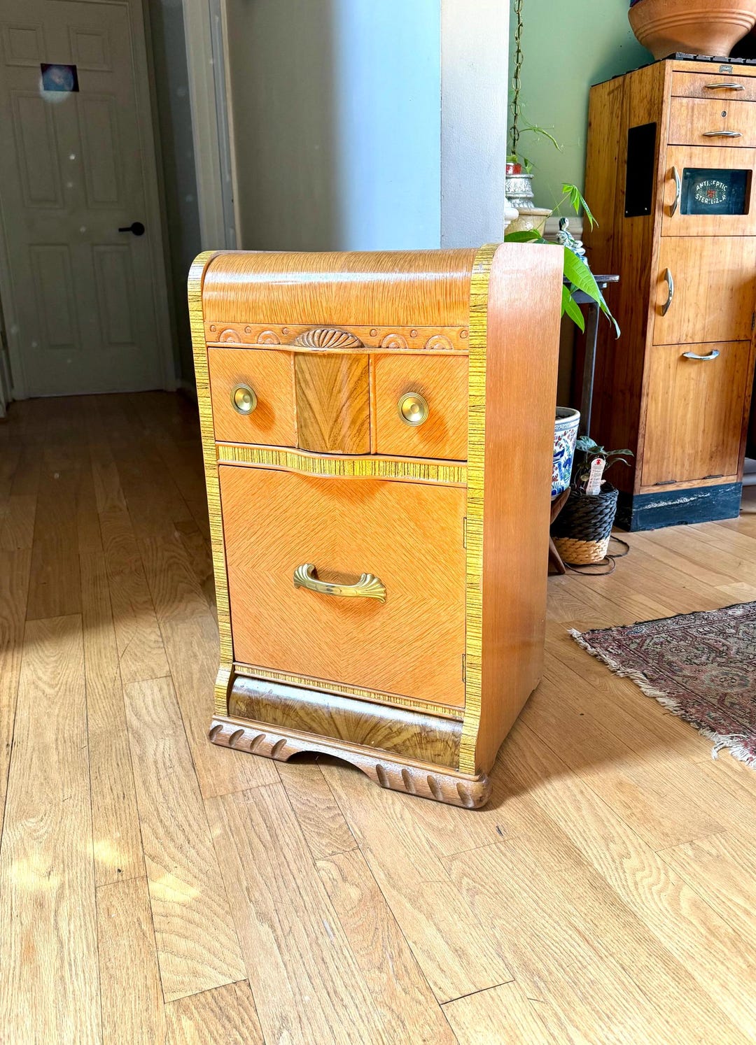 Vintage Art Deco Wood Cabinet | Inlayed Waterfall Art Deco Bar Cabinet | Wood Art Decor Liquor ...