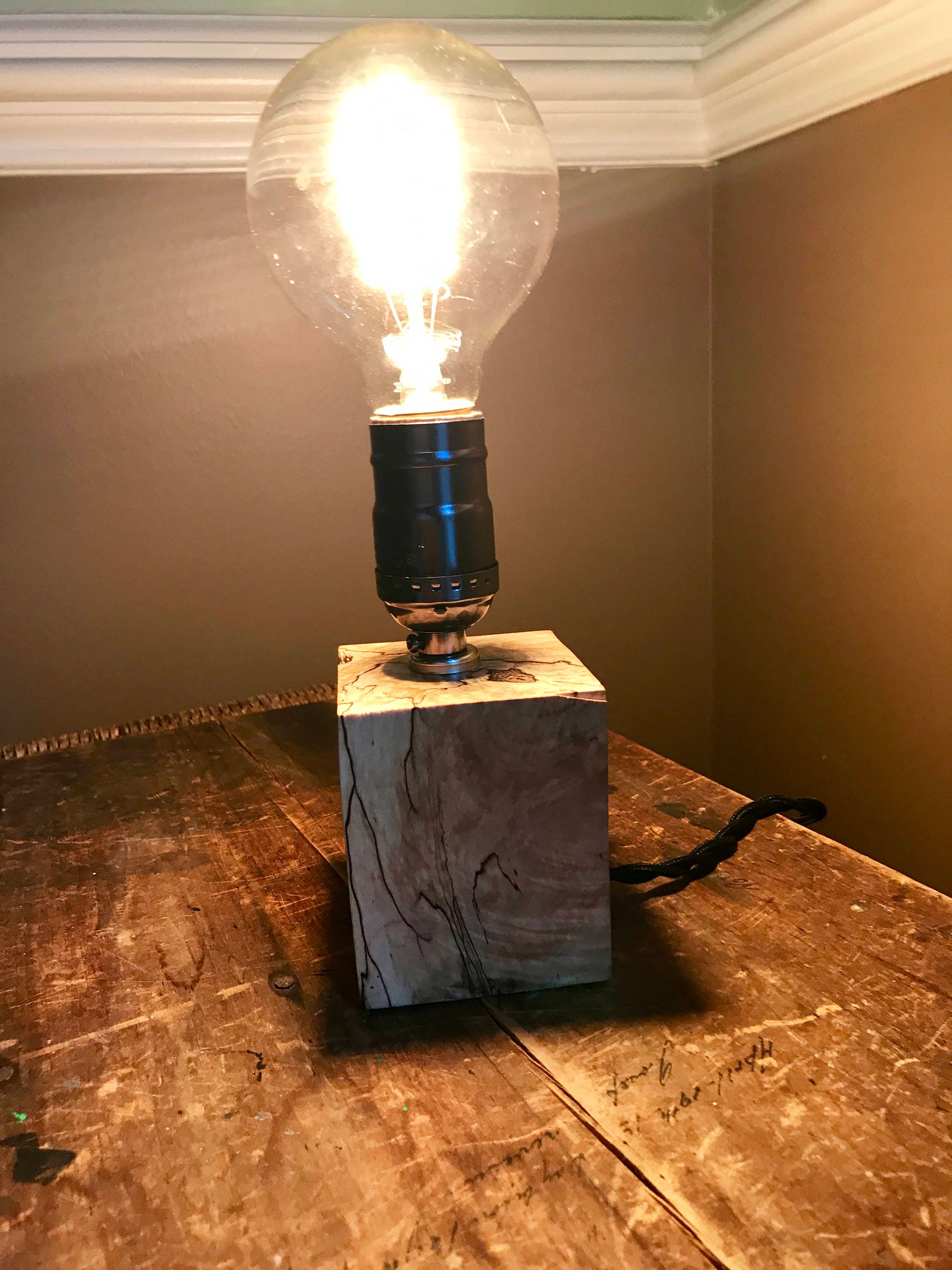 Simple Rustic Spalted Maple Desk Lamp Wood Block Lamp | Etsy