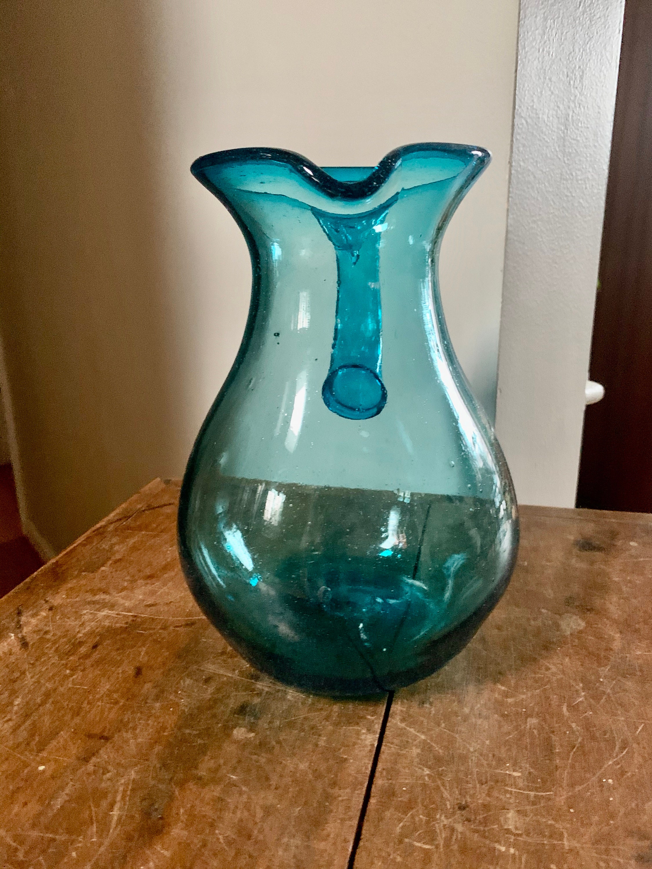 Large Blenko Style Blue Pitcher Thick Color Glass Pitcher | Etsy