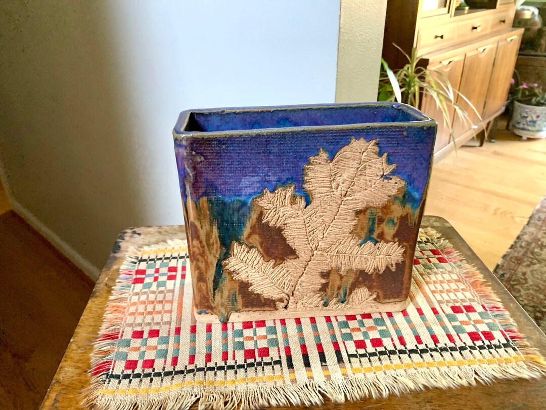 Vintage Rockcliffe Pottery Square Vase | Textured Pottery Vase ...