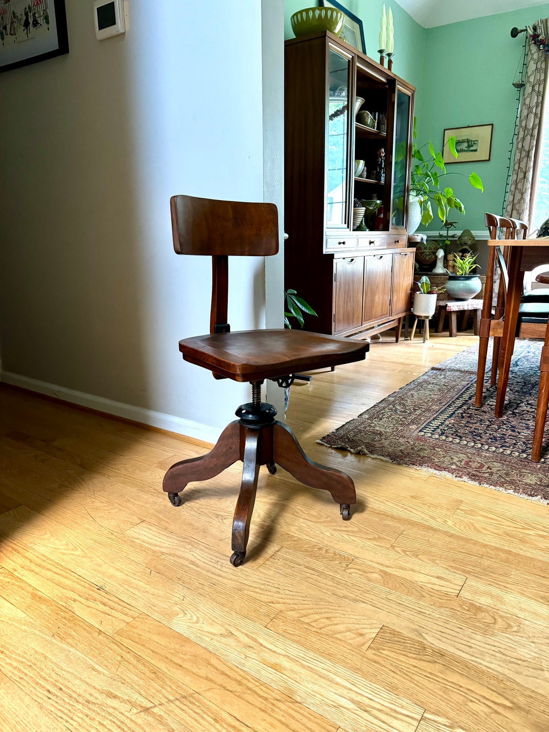Vintage Solid Wood Desk Chair | Wooden Swivel Chair | Wood Industrial ...