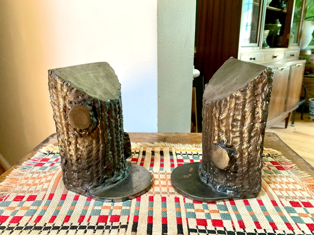 Vintage Metal Handmade Tree Trunk Bookends | Welded Metal Tree Trunk ...